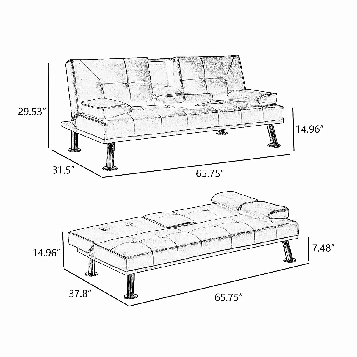 hansones Futon Sofa Bed Modern Linen Fabric Couch Bed Loveseat Convertible Daybed with 2 Cup Holders and Removable Armrests for for Compact Living Space Apartment Dorm Office (Black)