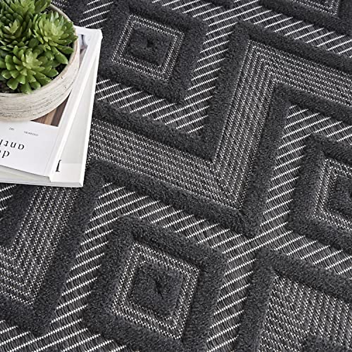 Nourison Versatile Indoor/Outdoor Charcoal/Black 7' x 10' Area-Rug, Easy-Cleaning, Non Shedding, Bed Room, Living Room, Dining Room, Kitchen (7x10)