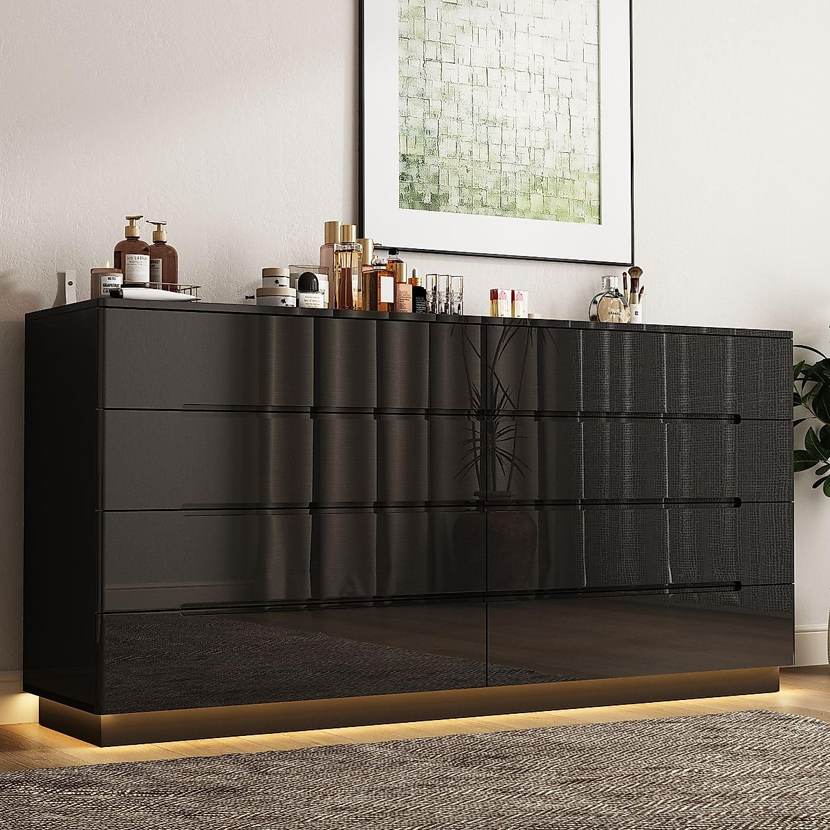 FAMAPY High Gloss Dresser with Lights, Modern Glossy Dresser with Curved Edge, Chest of Drawers 8 Drawer Dresser, Contemporary Dresser for Bedroom Black (63”W x 15.7”D x 30.9”H)