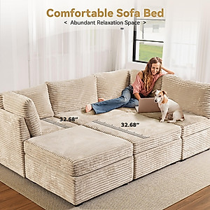 CAODOC Modular Sectional Sofa with Chaise U Shaped Sectional Couch for Living Room, 8-Seater Comfy Cloud Couches with One Movable Ottoman, Plush Corduroy, Beige