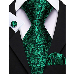 Barry.Wang Emerald Green Ties Silk Flower Paisley Necktie for Men Set Wedding St. Patrick's Day