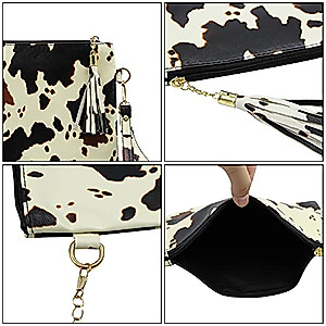 JUMISEE Women Cow Print Wristlet Clutch Purse Fashion Tassel Crossbody Bag with Chain Strap