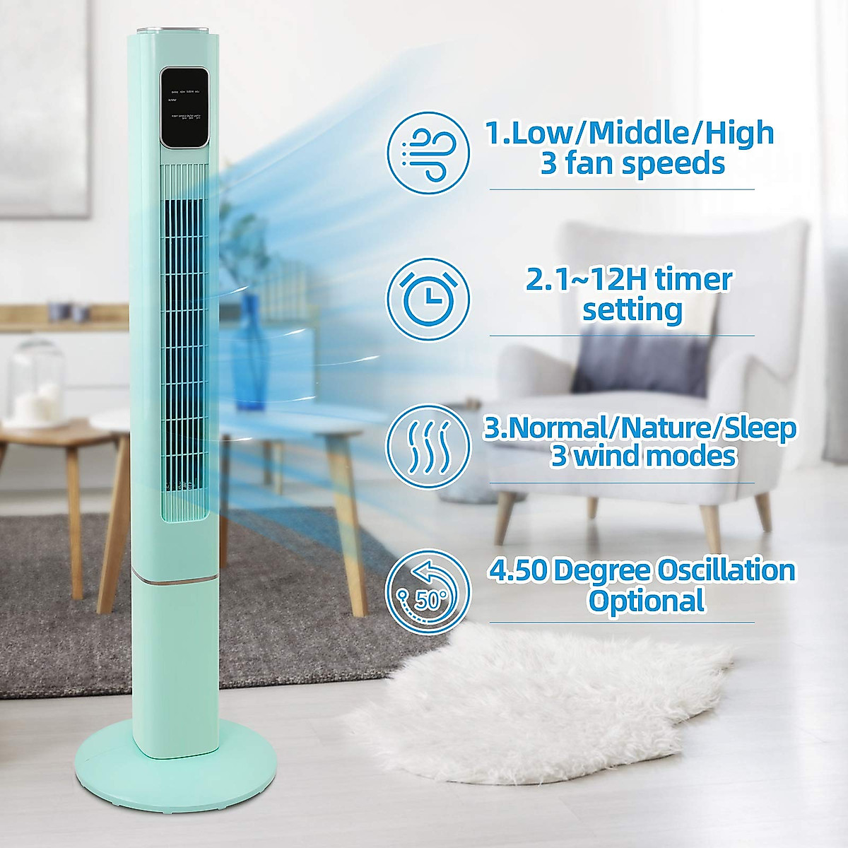 R.W.FLAME Tower Fan with Remote Control, Standing fan for office, Oscillating fan for home with children/pets/elders, Time Settings,LCD display,45W, Oscillation, 47", Green