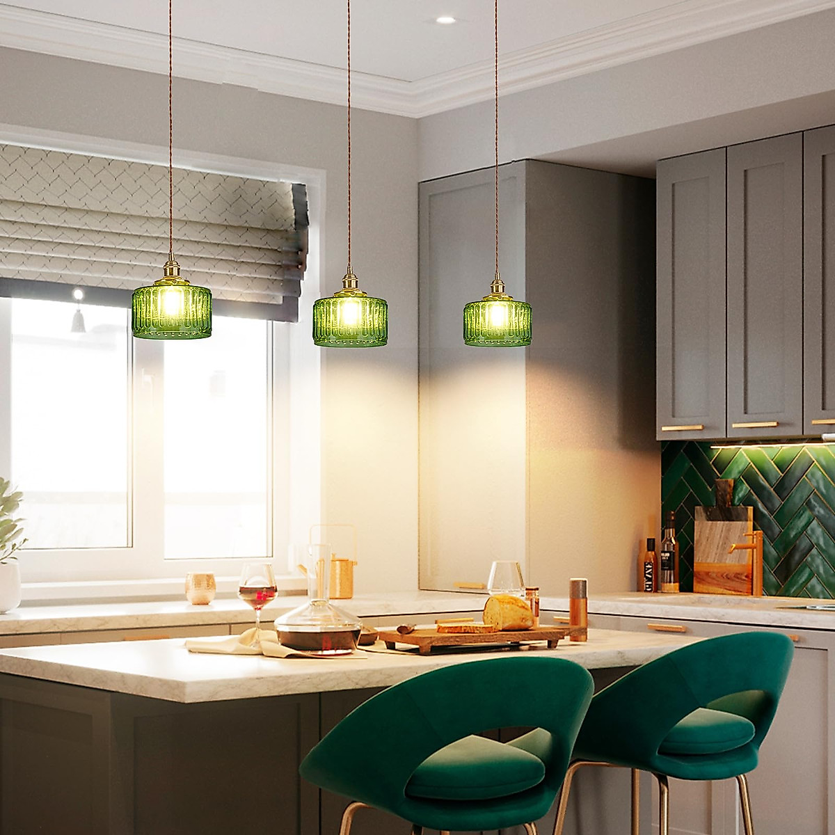 Qufute Green Hanging Light Vintage Modern Pendant Light Fixture with Stripe Green Glass Shade Glass Pendant Lighting Gold Pendant Lamp for Kitchen Island Bedroom Farmhouse