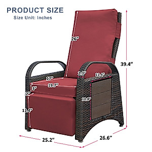 Skypatio Outdoor Patio Recliner Chair, Independently Adjustable Backrest and Footrest All-Weather Wicker Patio Reclining Lounge Chair with Flip Side Table, Red