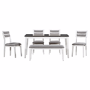 HZSSDTKJ 6-Piece Classic and Traditional Style Dining Set, Wooden Rectangular Table with 4 Upholstered Chairs & a Bench for 6 People for Dining Room Living Room Kitchen (White+Gray-01)
