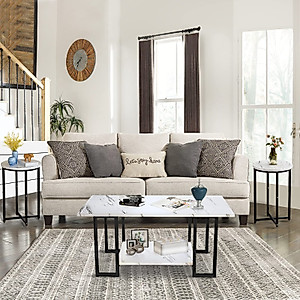 AWQM Coffee Table Set of 3, Faux Marble Coffee Table with 2 Round End Side Tables, Modern Living Room Table Set with Metal Frame for Apartment Home Office, White Black