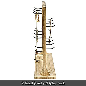 Ikee Design Wooden Jewelry Display Rack with 20 Hooks, Earring Card Display Holder Stand with Hooks, Jewelry Tower for Earring Cards, Necklaces, Keychains, Oak Color