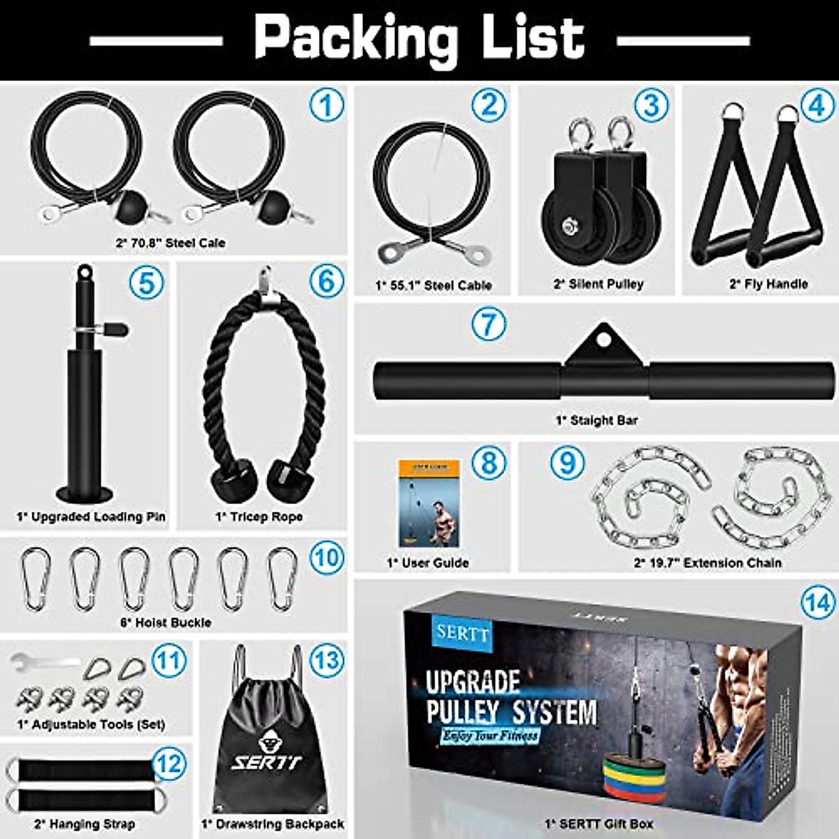 Weight Cable Pulley System Gym, SERTT Upgraded Cable Pulley Attachments for Gym LAT Pull Down, Biceps Curl, Tricep, Arm Workouts - Weight Pulley System Home Gym Add On Equipment