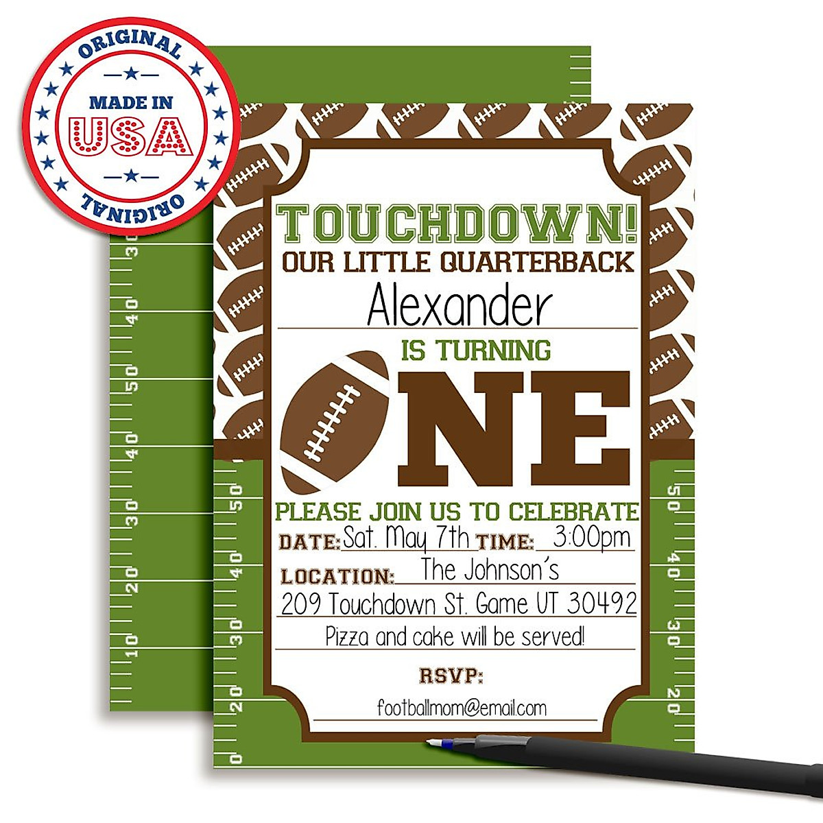 Touchdown Football First Birthday Party Invitations, 20 5x7 Fill In Cards with Twenty White Envelopes by AmandaCreation