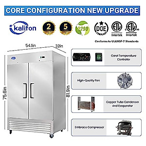 kalifon 54" Commercial Freezer with 2 Solid Door, 49 Cu.ft Reach-in Stainless Steel Freezer, Fan Cooling Freezer for Restaurant, Bar, Home, Shop, and Business(Equip 8 Shelves)