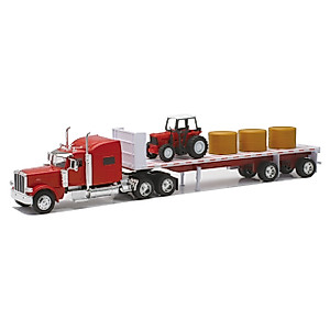 New-Ray Peterbilt 389 with Hay and Farm Tractor Playset 1/32 Scale Model Toy Vehicles, 10293A, Red