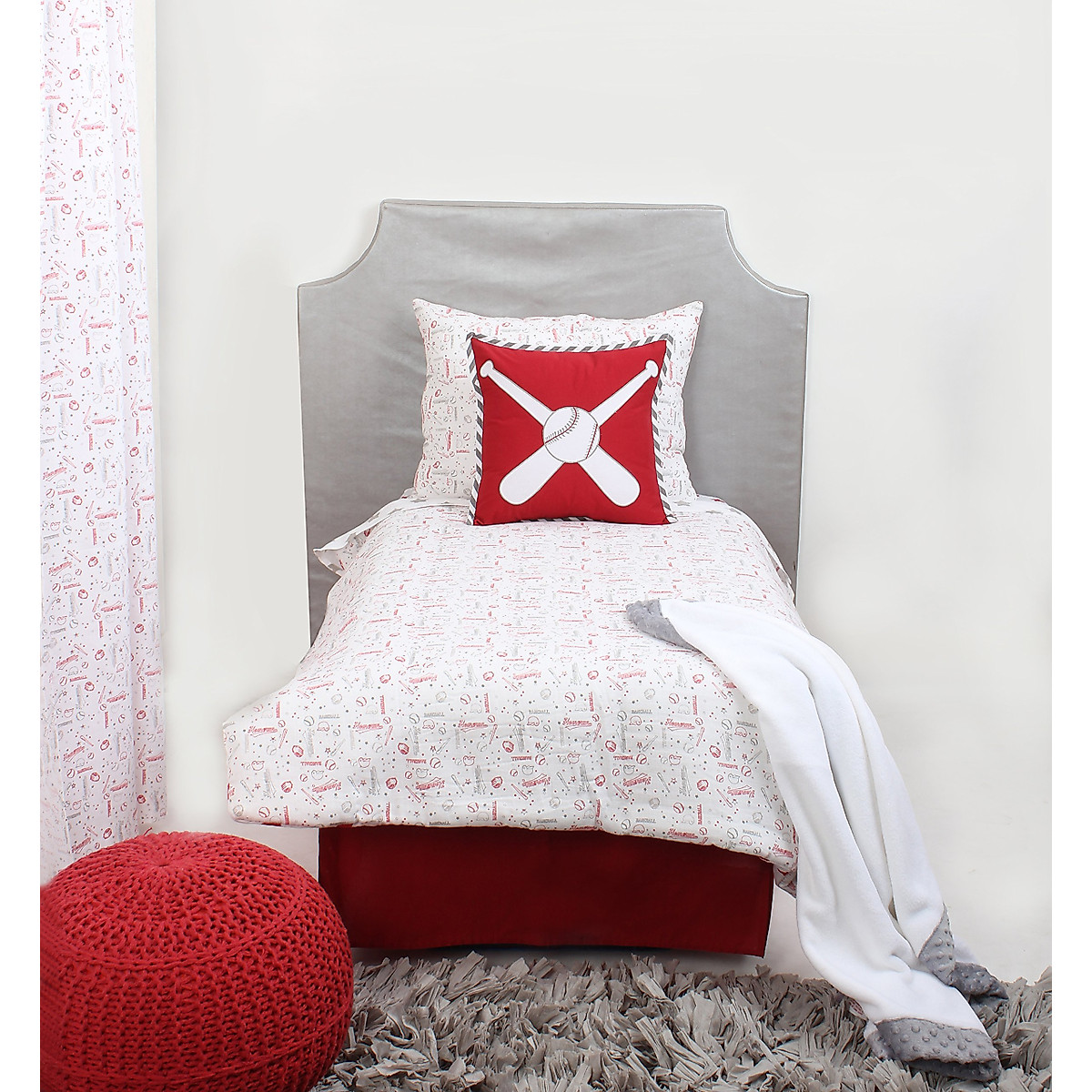 Bacati - Muslin Sports 4 Piece Boys Toddler Bedding Set 100 Percent Cotton Includes Reversible Comforter, Fitted Sheet, Top Sheet, and Pillow Case (4 pc Toddler Bedding Set, Baseball Red/Grey)