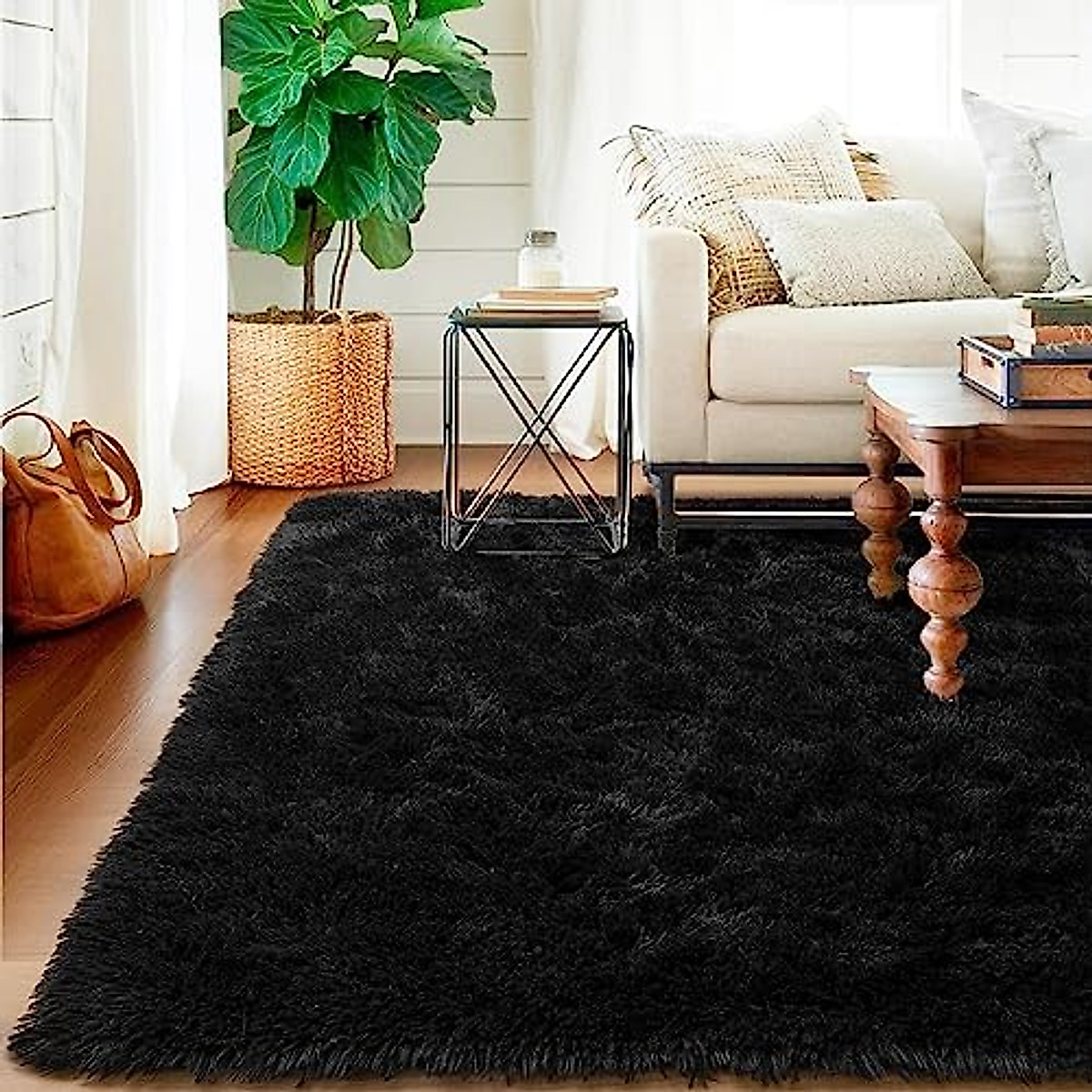 Vasofe Super Soft 5x7 Black Fluffy Area Rug for Bedroom, Large Fuzzy Living Room Rug, Shag Plush Nursery Rug for Kids Dorm Classroom Teen Shaggy Furry Throw Carpet, Indoor Home Decor Floor Mat