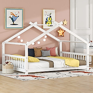 Full House Beds White Montessori Bed Wood Frame Kids Platform Bed with Headboard & Footboard for Children Boys Girls Teens