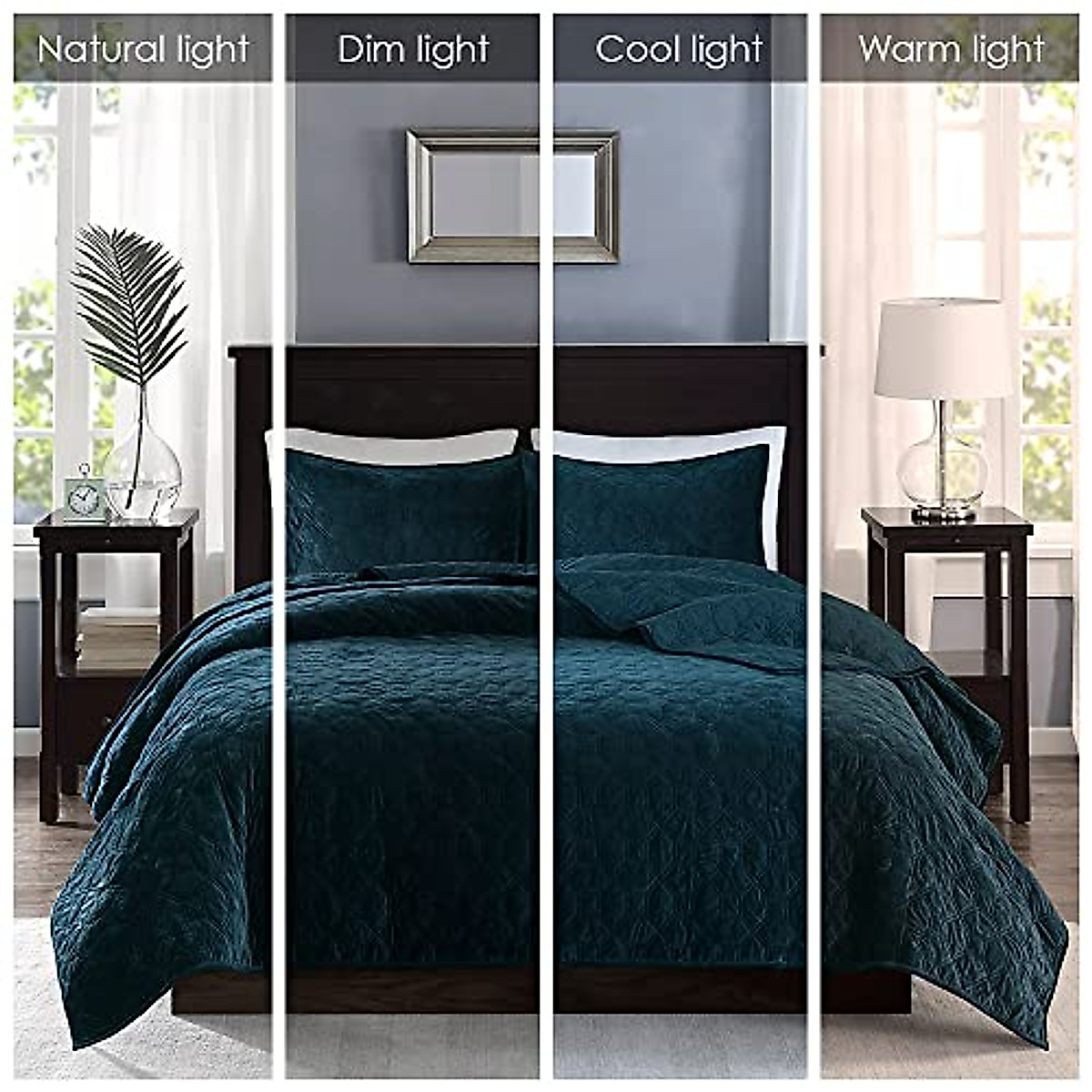 Madison Park Harper Quilt Set-Faux Velvet Casual Geometric Stitching Design All Season, Lightweight Coverlet, Cozy Bedding, Matching Shams, King/Cal King(104"x94"), Teal 3 Piece