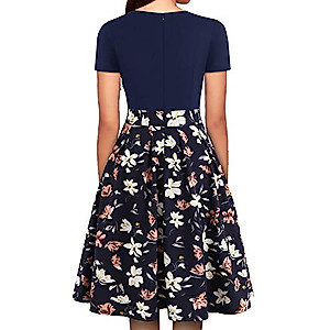 YATHON Women's Classic O Neck Navy Floral Print Wedding Guest Formal Party Church Dresses Summer Keyhole Cutout Pleated Pocket Cocktail Dress (M, YT018-Navy Floral 01)
