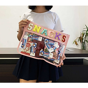 HAIBOLAN Chenille Letter Clear Bag Purse Transparent Waterproof Cosmetic Makeup Travel Patch Pouch for Women Girl Teens Ladies (small-snacks)