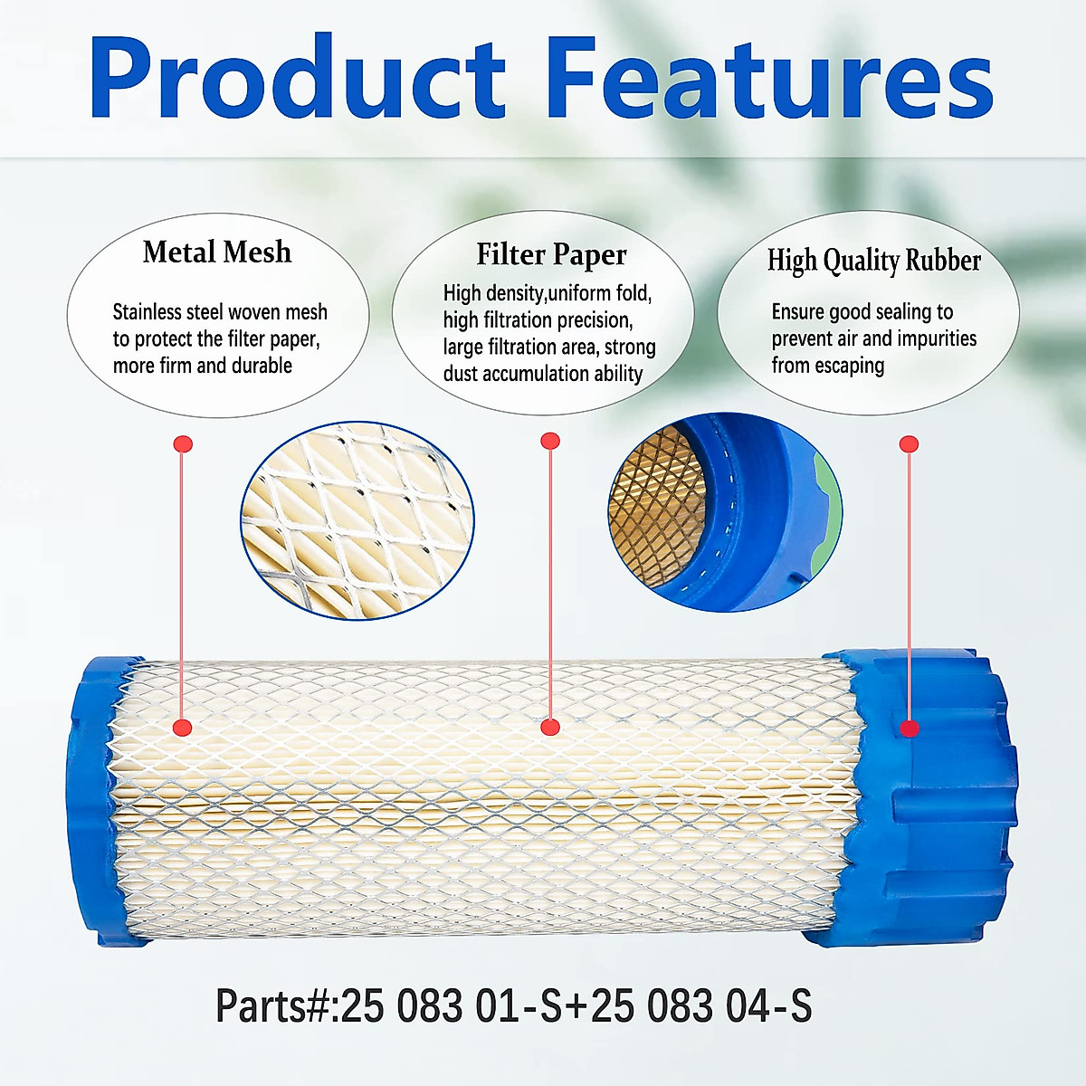 25 083 01-S 11013-7020 Outer Air Filter+25 083 04-S 11013-7019 Inner Filter Compatible with Kawasaki 11013-7044 11013-7045,Kohler 2508301 2508304,M131802 M131803 CH18-CH26 CV16-CV26 CH730-CH750