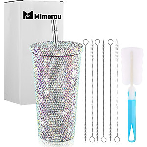 Studded Bling Diamond Tumbler Glitter Water Bottle with Lid Stainless Steel Vacuum Thermal Straw Tumbler Rhinestone Tumbler with 1 Pcs Cup Brush 6 Pcs Straw Brushes for Women(AB Color, 16.9 oz)