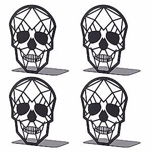2 Pairs Black Skull Design Bookend Metal Book Ends, Heavy Duty Bookends for Shelves Desk, Skull Book Shelf Holder for Heavy Books, Decorative Desktop Organizer Home Office