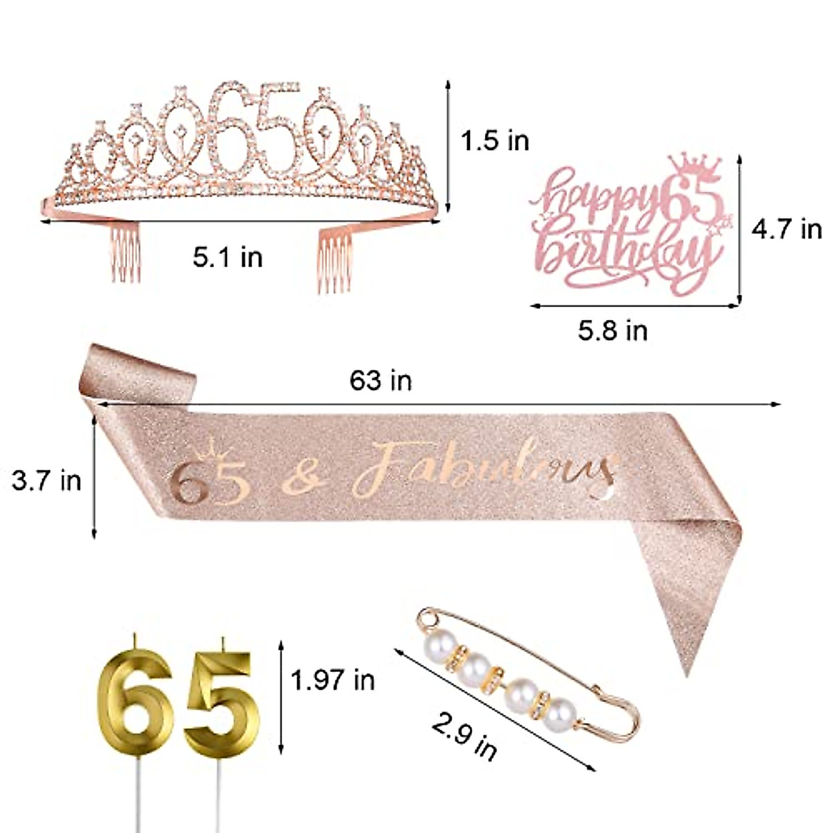 65th Birthday Decorations for Women，Rose Gold 65 Birthday Crown Tiara ，Cake Topper, Birthday Sash with Peal Pin and Birthday Candles Kit,65th Birthday Gifts for Women