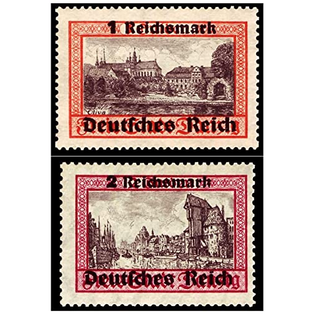 1939 D VERY RARE FLAWLESS NAZI-OCCUPIED DANZIG STAMPS w REICHSMARK OVERPRINTS & CITY LANDMARKS (NOW GDANSK POLAND!) 1, 2 Reichsmark Seller Perfect Uncirculated Mint Never Hinged