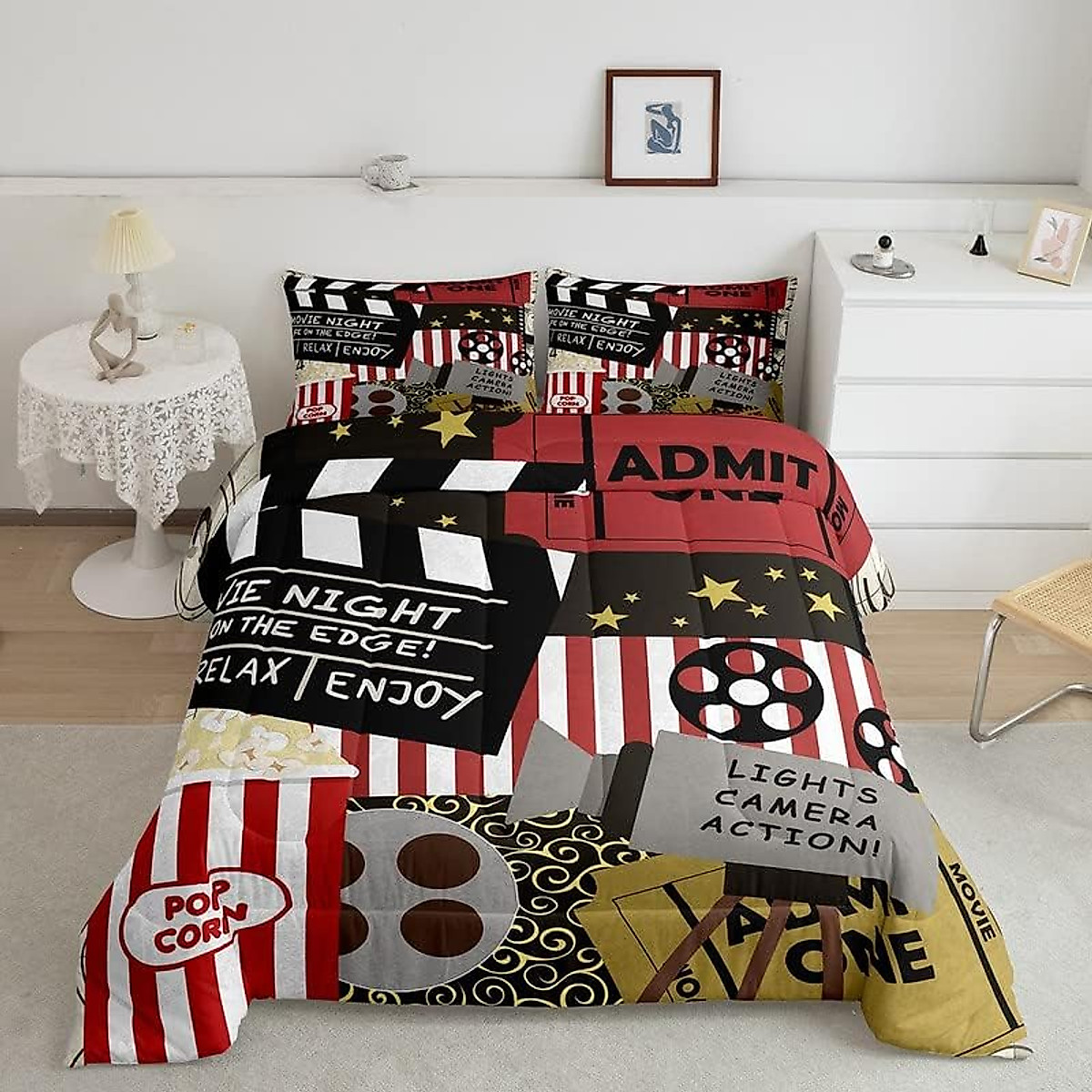 Popcorn Print Comforter Movie Theater Comforter Set Cinema Poster Design Bedding Set for Kids Boys Girls Rustic Wooden Duvet Set Full Size with 2 Pillow Case Boys
