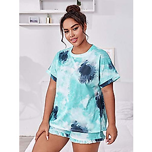MakeMeChic Women Plus Size 2 Piece Pajamas Sets Tie Dye Short Sleeve Top & Shorts Loungewear Sleepwear Blue X-Large