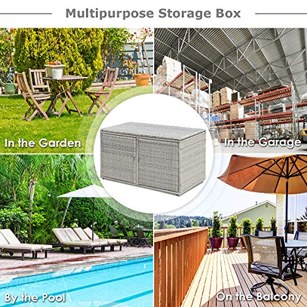 Tangkula Outdoor Wicker Storage Box, Garden Deck Bin with Steel Frame, Rattan Pool Storage Box with Lid, Ideal for Storing Tools, Accessories and Toys, 88 Gallon Capacity (Grey)