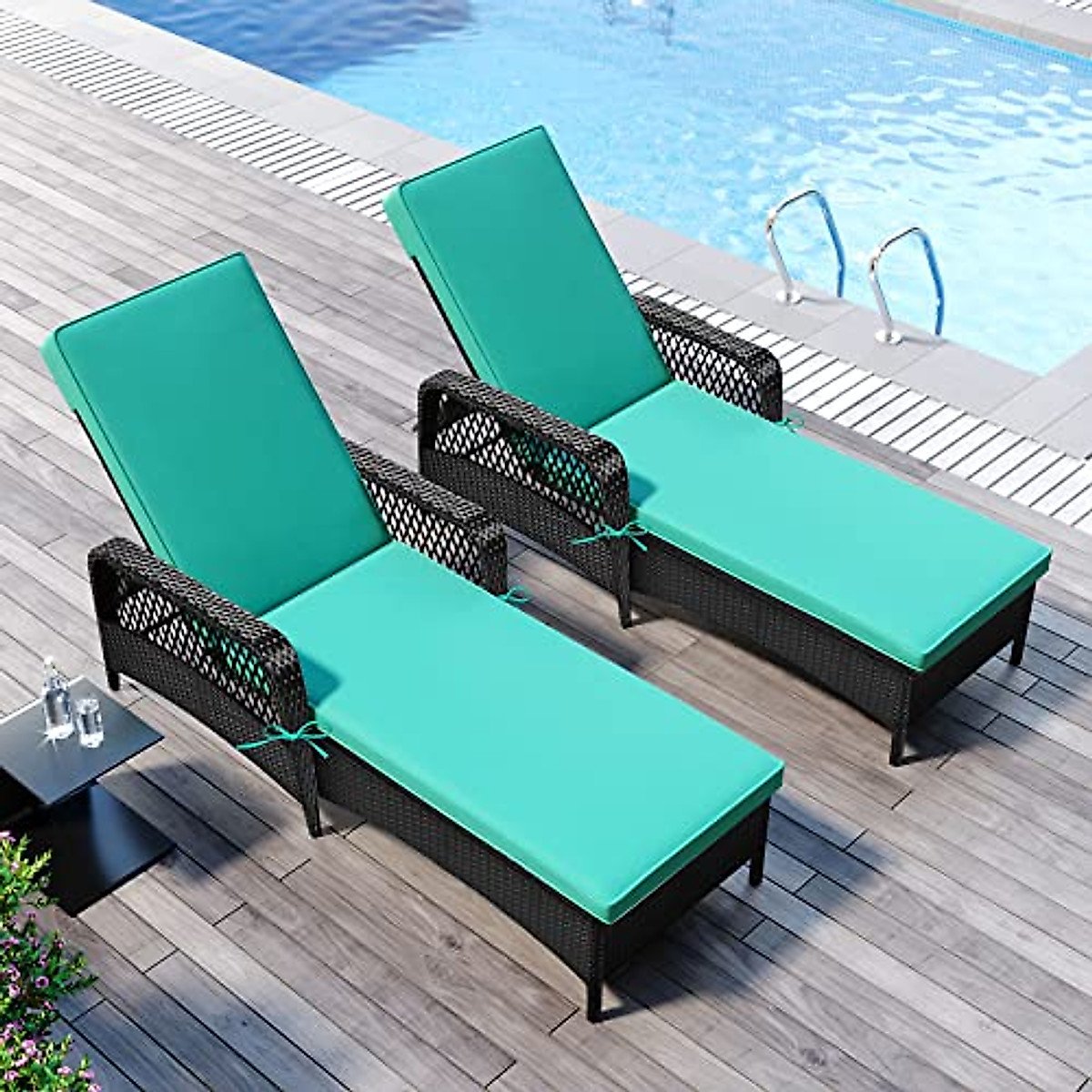 DHHU Foldable Chaise Sun Lounger Terrace, Outdoor Rattan Lounge Chair, Adjustable Back Recliner, (2 Set), Black Wicker/Green Cushion