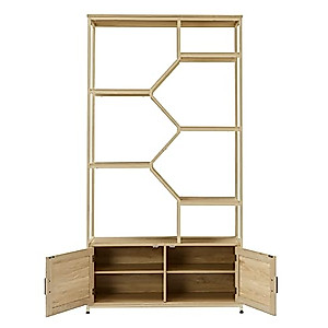 Bohemian Style Rattan Bookshelf, 5-Tier Open Display Shelves with Storage Cabinet, Eco-Friendly Particleboard Bookcase, Versatile Storage Rack for Living Room, Home Office, Natural Tones