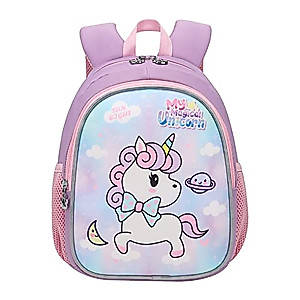 Tanou Toddler Backpack for Girls, 11 Inch Kids Backpacks for Preschool Kindergarten, Cute Cartoon Animal Style School Bag for Little Kids Aged 1-3 Years, Purple Unicorn