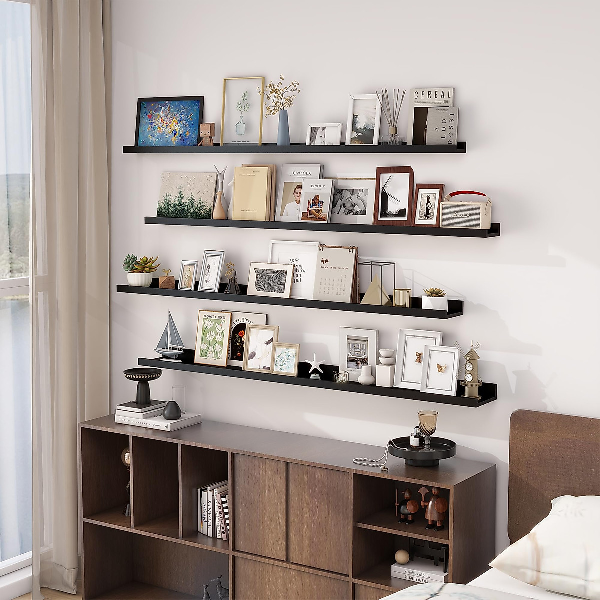 FLYJOE Picture Ledge Wall Shelves 48 inch Width Set of 4, Rustic Large Long Floating Ledge Shelves for Wall for Kid's Room Bedroom Kitchen Bathroom Living Room Nursery Display Wall Decor, Black