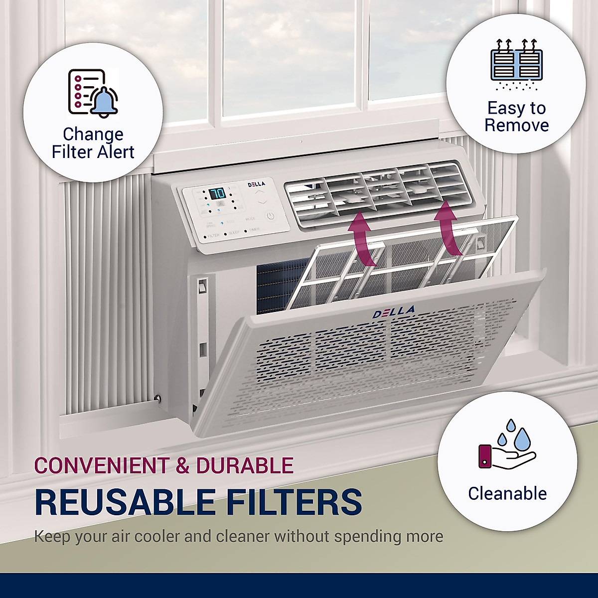 DELLA 12000 BTU 115V/60Hz Energy Saving Window Air Conditioner, Whisper Quiet AC Unit with Smart Controls, Remote, Dehumidifier, Fan, Cools Up to 450 Square Feet