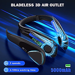 VEAHOOT Bladeless Neck Fan, Hands Free Battery Operated Fans Rechargeable,5000mAh Personal Portable Fan with 360° Cooling,3 Speeds Travel Sports Fan for Outdoor&Indoor(Black)
