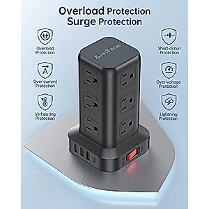 AnnTane Surge Protector Power Strip 10 FT Cord, Power Strip Tower with 4 USB Ports (1USB C), Extension Cord with 12 AC Multiple Outlets, Home Office Supplies Desk Accessories, Dorm Room Essentials