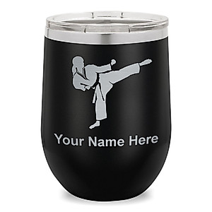 LaserGram Double Wall Stainless Steel Wine Glass Tumbler, Karate Woman, Personalized Engraving Included (Black)