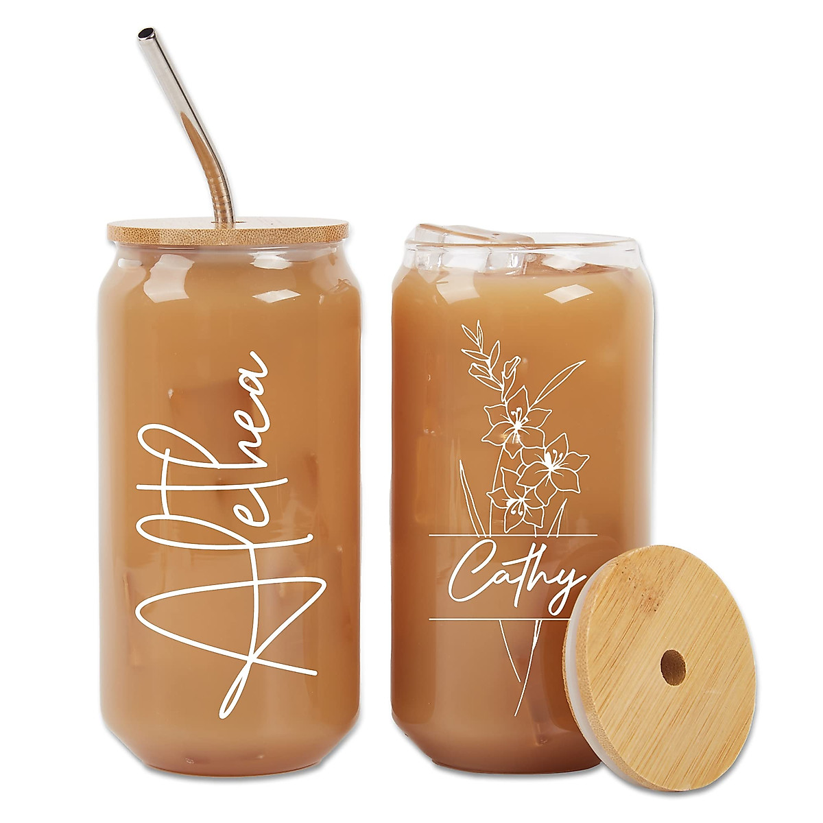 Mostop Personalized Iced Coffee Glass with Lids and Straws, Can Glass Cups, Custom Birth Flower Tumbler, Mother's Day Gift Birthday Gifts, Gifts for Her Girlfriend Bachelorette Party