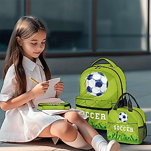 Sharecolor Soccer Backpack with Lunch Box - Set of 3 School Backpacks Matching Combo - Cute Black Bookbag and Pencil Case Bundle