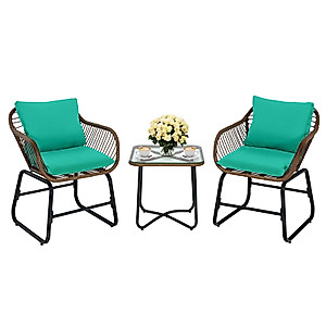 Tangkula 3 Pieces Patio Bistro Set, Patiojoy Outdoor PE Rattan Armchairs and Coffee Table Set with Comfortable Cushions & Adjustable Foot Pads, Suitable for Garden Backyard Poolside (Turquoise)