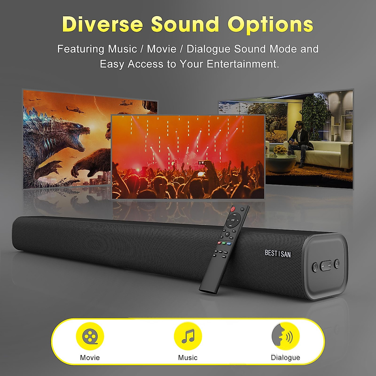 BESTISAN 100W Sound Bars for TV, Sound Bar with Bluetooth, HDMI-ARC, Optical, AUX Input,Soundbar Sound System for TV Speakers,Home Theater, Projectors