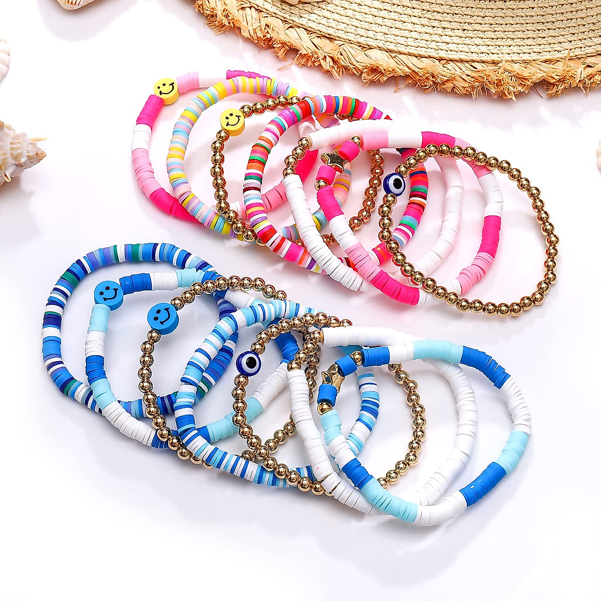 28-30Pcs Heishi Surfer Bracelets Set Colorful Preppy Evil Eye Star Beaded Stretch Bracelets Clay Stackable Boho Disc Bracelets Y2k Aesthetic Summer Beach Jewelry for Women Teens, beads, not know