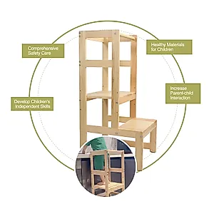 RedSwing Toddlers Kitchen Stool Helper, Sturdy Kids Step Stool with Safety Rail, Wooden Baby Standing Tower for Kitchen Counter and Bathroom, Easy to Assemble, Natural