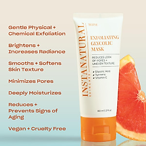 InstaNatural Exfoliating Glycolic Acid Face Mask for Women & Men, Gentle Exfoliator, Pore Minimizer, Anti Aging, Blackhead Remover, Acne Facial Treatment with Vitamin C and Turmeric, 2 Fl Oz