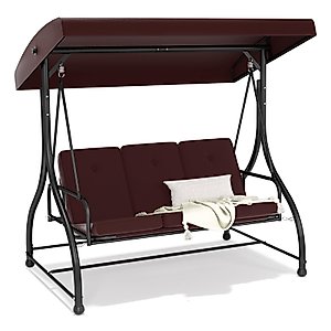 3-Seat Patio Swing Chair Outdoor Porch Swing with Adjustable Canopy, Patio Swings Glider with Removable Cushion for Porch, Backyard, Garden, Poolside, Balcony - Brown