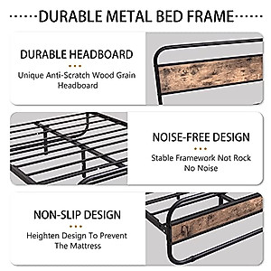 Albearing Metal Full Size Bed Frame with Wooden Headboard and Footboard, Heavy Duty Oval-Shaped Platform Bed with Under-Bed Storage, Steel Slats Mattress Foundation Round Pipe Design，Brown