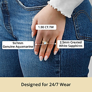 MAX + STONE Blue Aquamarine Oval Sunburst Halo Ring for Women in 10k Yellow Gold with Created White Sapphire and March Birthstone Anniversary Ring Size 7