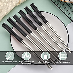 5 Pairs Stainless Steel Chopsticks, Slivek Reusable Premium Lightweight 304 Metal Chopsticks Dishwasher Safe, Non-slip, Lightweight, 9.05 inches (Black Silver)