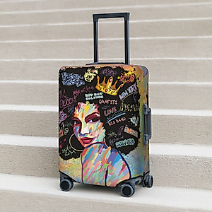 DOINBEE African American Woman Girl with Crown Travel Luggage Cover Black Women Colorful Graffiti Hair Art with Positive Words Suitcase Cover Protector Elastic Baggage Case Covers Fit 25-28" Luggage